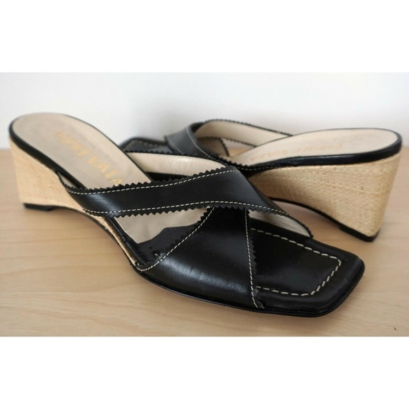 Prevata | Shoes | Prevata Black Leather Beige Wicker Wedge Heels 8 ...
